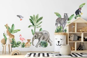 murwall kids wall decal peel and stick safari animal wall decals cute african animals set wall sticker zebra giraffe elephant lion leaves sticker kids room childroom