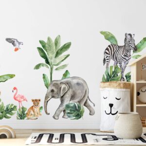 Murwall Kids Wall Decal Peel and Stick Safari Animal Wall Decals Cute African Animals Set Wall Sticker Zebra Giraffe Elephant Lion Leaves Sticker Kids Room Childroom