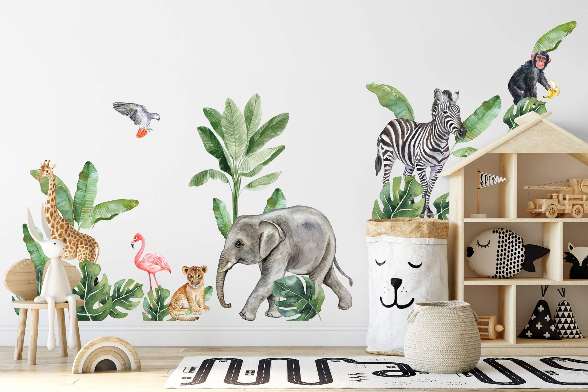 Murwall Kids Wall Decal Peel and Stick Safari Animal Wall Decals Cute African Animals Set Wall Sticker Zebra Giraffe Elephant Lion Leaves Sticker Kids Room Childroom