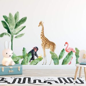 Murwall Kids Wall Decal Peel and Stick Safari Animal Wall Decals Cute African Animals Set Wall Sticker Zebra Giraffe Elephant Lion Leaves Sticker Kids Room Childroom