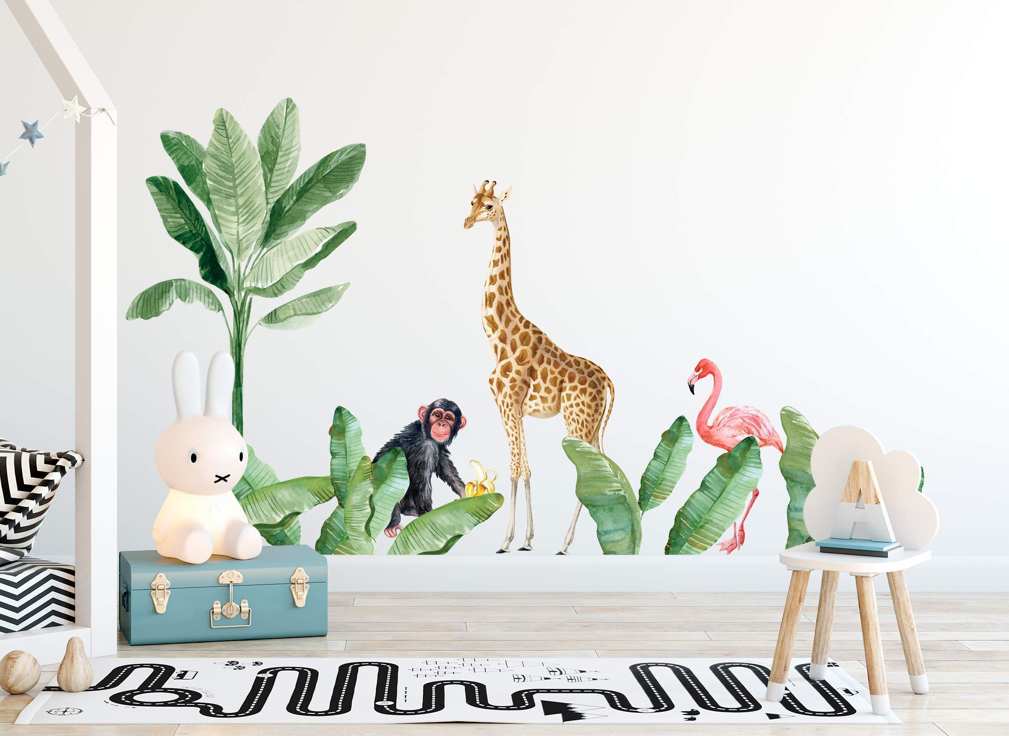 Murwall Kids Wall Decal Peel and Stick Safari Animal Wall Decals Cute African Animals Set Wall Sticker Zebra Giraffe Elephant Lion Leaves Sticker Kids Room Childroom