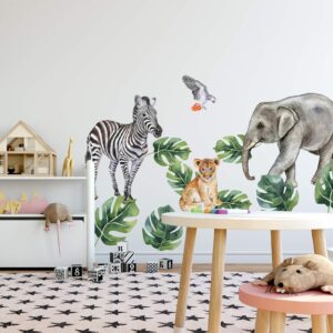 Murwall Kids Wall Decal Peel and Stick Safari Animal Wall Decals Cute African Animals Set Wall Sticker Zebra Giraffe Elephant Lion Leaves Sticker Kids Room Childroom