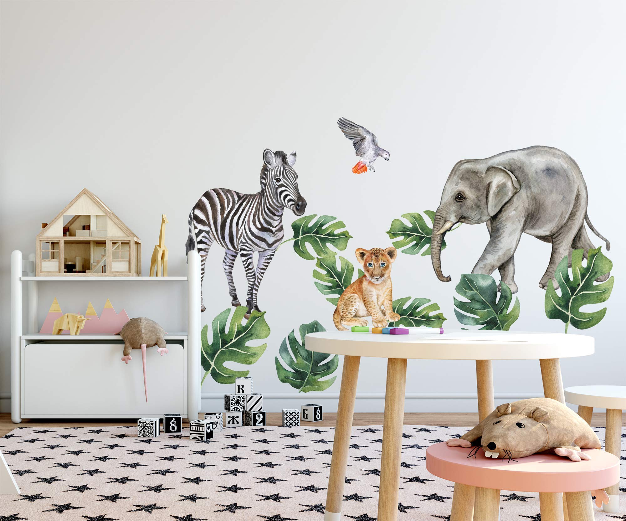 Murwall Kids Wall Decal Peel and Stick Safari Animal Wall Decals Cute African Animals Set Wall Sticker Zebra Giraffe Elephant Lion Leaves Sticker Kids Room Childroom