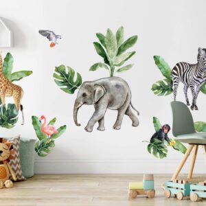 Murwall Kids Wall Decal Peel and Stick Safari Animal Wall Decals Cute African Animals Set Wall Sticker Zebra Giraffe Elephant Lion Leaves Sticker Kids Room Childroom