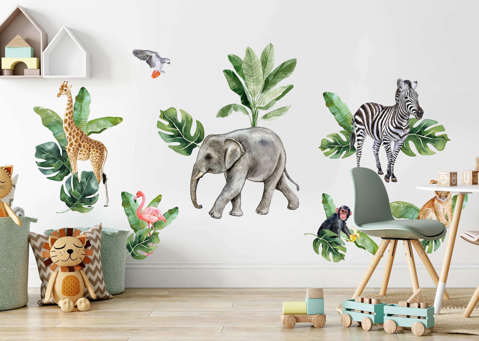 Murwall Kids Wall Decal Peel and Stick Safari Animal Wall Decals Cute African Animals Set Wall Sticker Zebra Giraffe Elephant Lion Leaves Sticker Kids Room Childroom