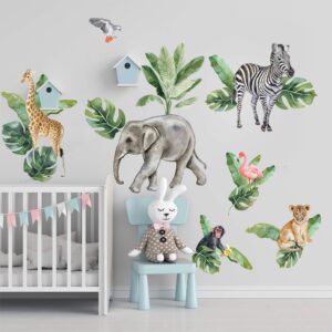 Murwall Kids Wall Decal Peel and Stick Safari Animal Wall Decals Cute African Animals Set Wall Sticker Zebra Giraffe Elephant Lion Leaves Sticker Kids Room Childroom