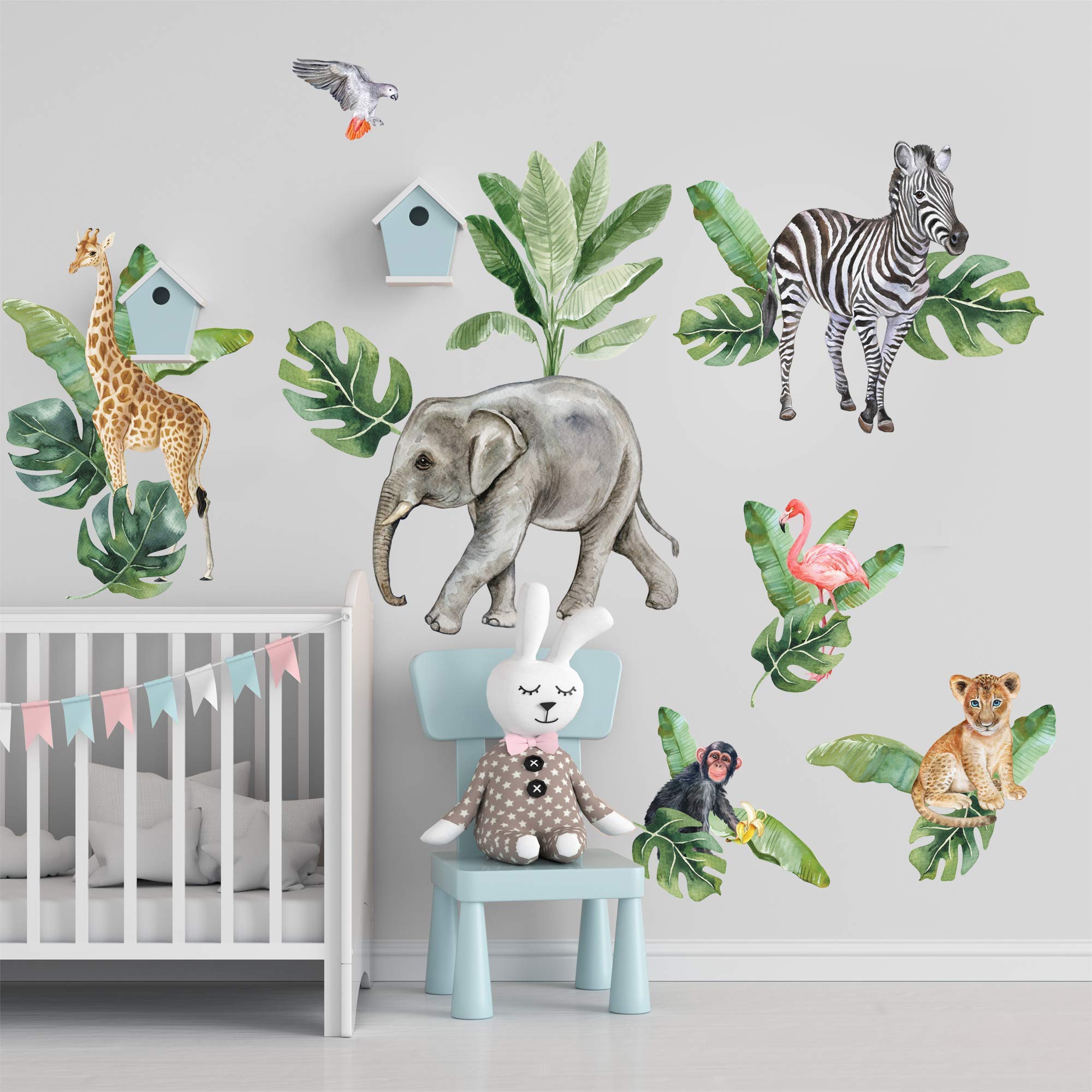 Murwall Kids Wall Decal Peel and Stick Safari Animal Wall Decals Cute African Animals Set Wall Sticker Zebra Giraffe Elephant Lion Leaves Sticker Kids Room Childroom