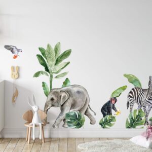 Murwall Kids Wall Decal Peel and Stick Safari Animal Wall Decals Cute African Animals Set Wall Sticker Zebra Giraffe Elephant Lion Leaves Sticker Kids Room Childroom