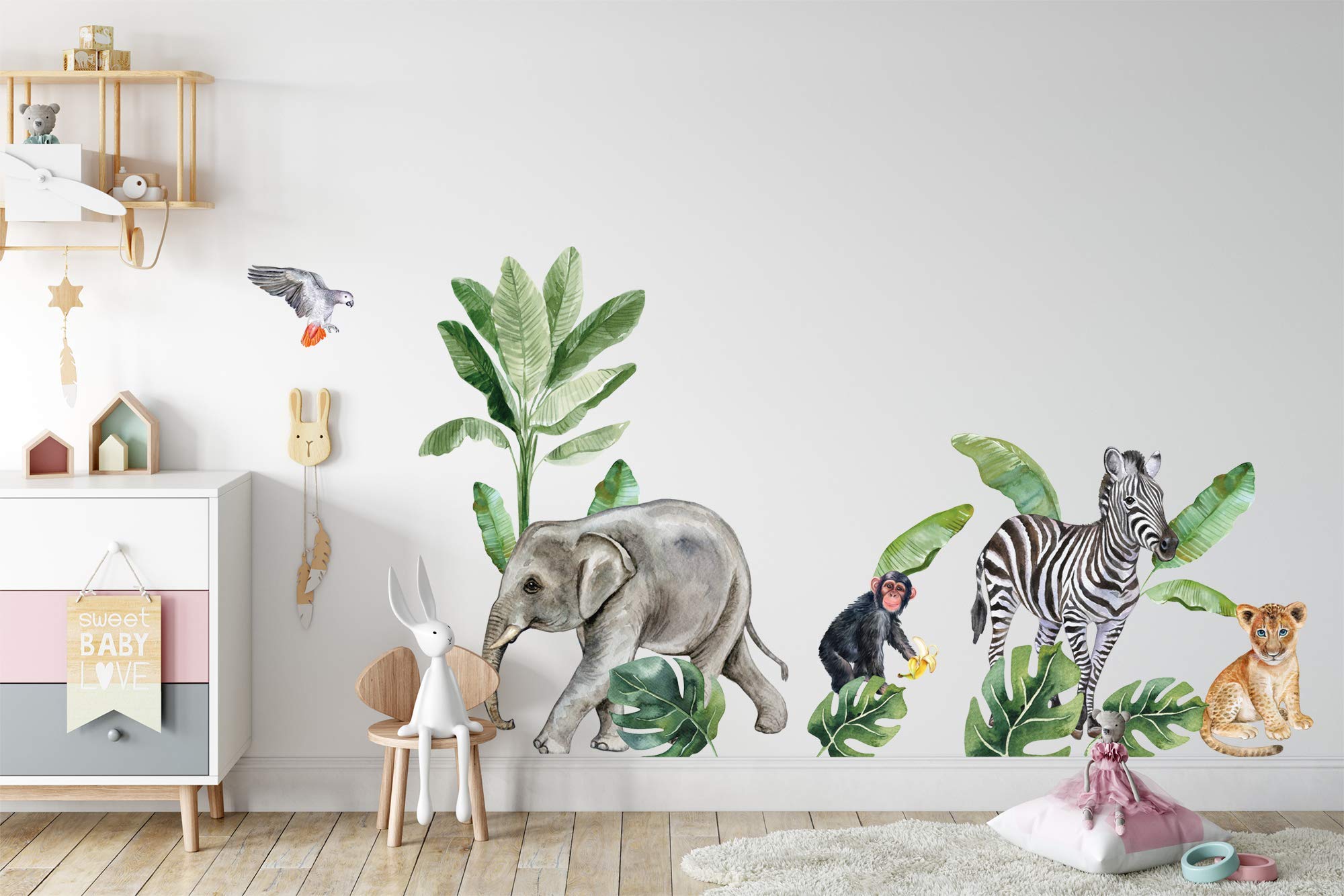 Murwall Kids Wall Decal Peel and Stick Safari Animal Wall Decals Cute African Animals Set Wall Sticker Zebra Giraffe Elephant Lion Leaves Sticker Kids Room Childroom