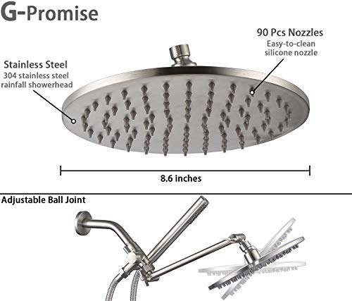 G-Promise All Metal Dual Shower Head Combo | 8" Rainfall Shower Head, Handheld Shower Wand | Smooth 3-way Diverter | with Adjustable Extender - An Upgrade of Shower Experience(Brushed Nickel)