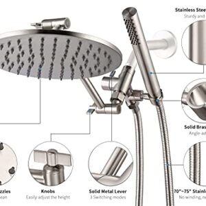 G-Promise All Metal Dual Shower Head Combo | 8" Rainfall Shower Head, Handheld Shower Wand | Smooth 3-way Diverter | with Adjustable Extender - An Upgrade of Shower Experience(Brushed Nickel)