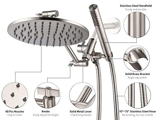 G-Promise All Metal Dual Shower Head Combo | 8" Rainfall Shower Head, Handheld Shower Wand | Smooth 3-way Diverter | with Adjustable Extender - An Upgrade of Shower Experience(Brushed Nickel)