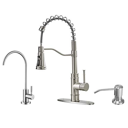 OWOFAN Brushed Kitchen Faucet Including Stainlees Steel Drinking Water Faucet, and Copper Soap Dispenser