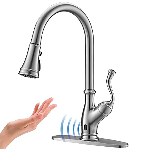 APPASO Touchless Kitchen Faucet, Motion Sensing Activated Hands-Free Kitchen Faucet with Pull Down Sprayer, Single Handle Smart Hands-free Stainless Steel Brushed Nickel, Easy to Install & Spot Resist