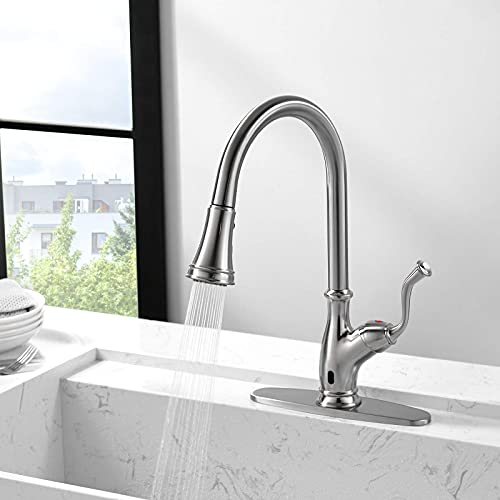 APPASO Touchless Kitchen Faucet, Motion Sensing Activated Hands-Free Kitchen Faucet with Pull Down Sprayer, Single Handle Smart Hands-free Stainless Steel Brushed Nickel, Easy to Install & Spot Resist