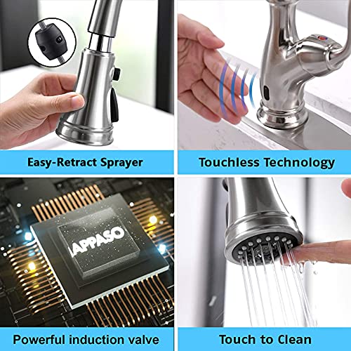 APPASO Touchless Kitchen Faucet, Motion Sensing Activated Hands-Free Kitchen Faucet with Pull Down Sprayer, Single Handle Smart Hands-free Stainless Steel Brushed Nickel, Easy to Install & Spot Resist