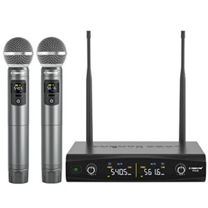 phenyx pro wireless microphone system, metal wireless mic set with case,handheld cordless dynamic microphones for singing, karaoke, church, dj, 2x30 uhf adjustable frequencies,200ft range (ptu-52-2h)