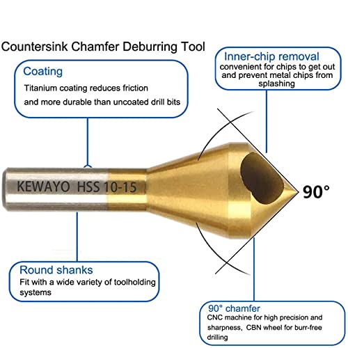 KEWAYO Countersink Drill Bit Set,4pcs 90 Degree High Speed Steel Titanium Counter Sinker Drill Bits for Wood,Metal, Fiberboard, Plywood, Plastic, PVC