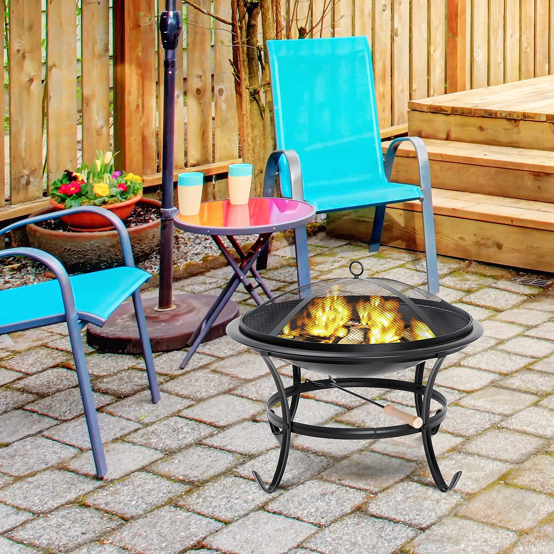 22 Inches Portable Fire Pit Outdoor Wood Burning Steel Lightweight BBQ Grill Firepit Bowl with Log Grate&Poker for Outside Patio Campfire Bonfire Backyard