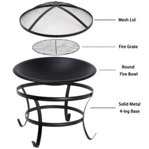 22 Inches Portable Fire Pit Outdoor Wood Burning Steel Lightweight BBQ Grill Firepit Bowl with Log Grate&Poker for Outside Patio Campfire Bonfire Backyard