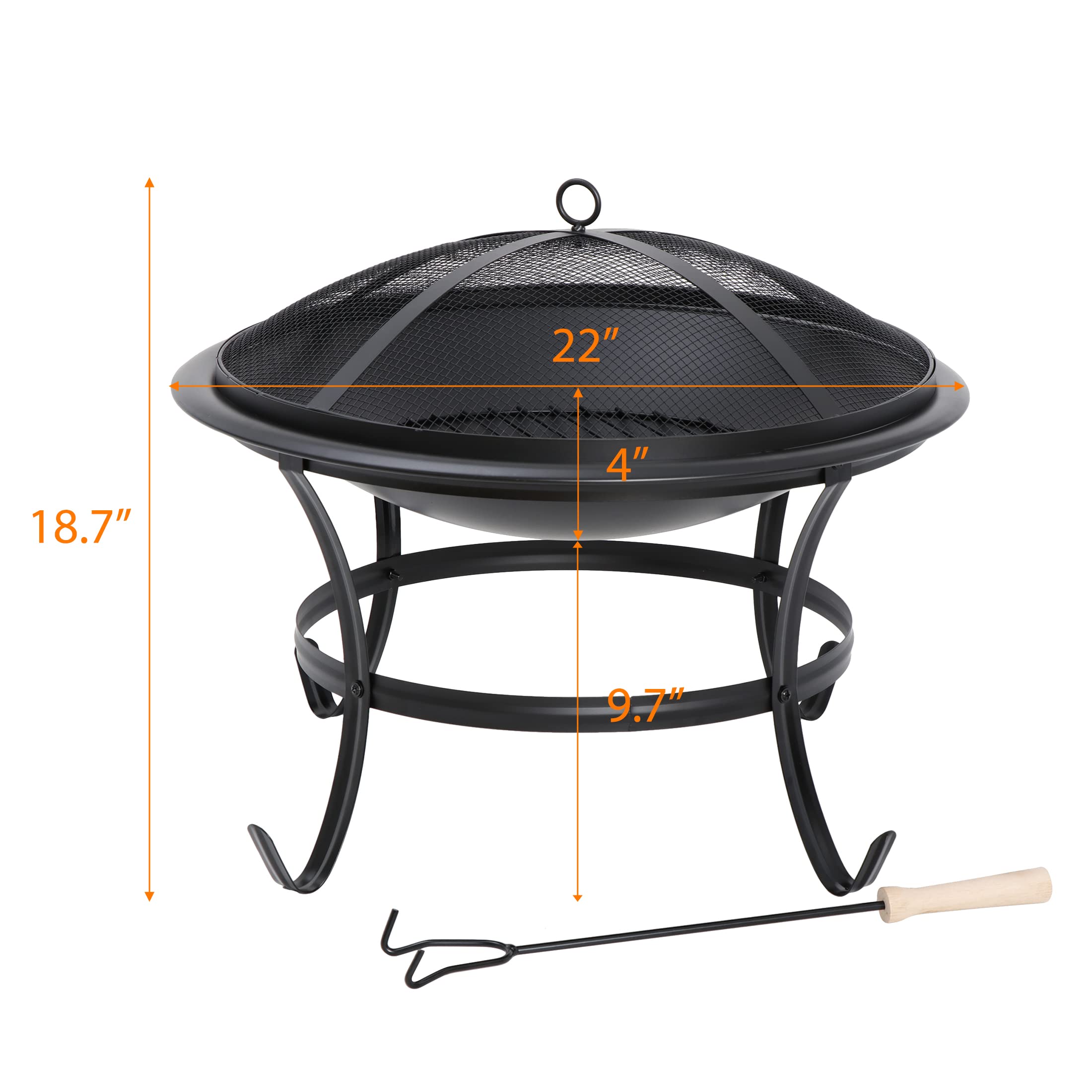 22 Inches Portable Fire Pit Outdoor Wood Burning Steel Lightweight BBQ Grill Firepit Bowl with Log Grate&Poker for Outside Patio Campfire Bonfire Backyard