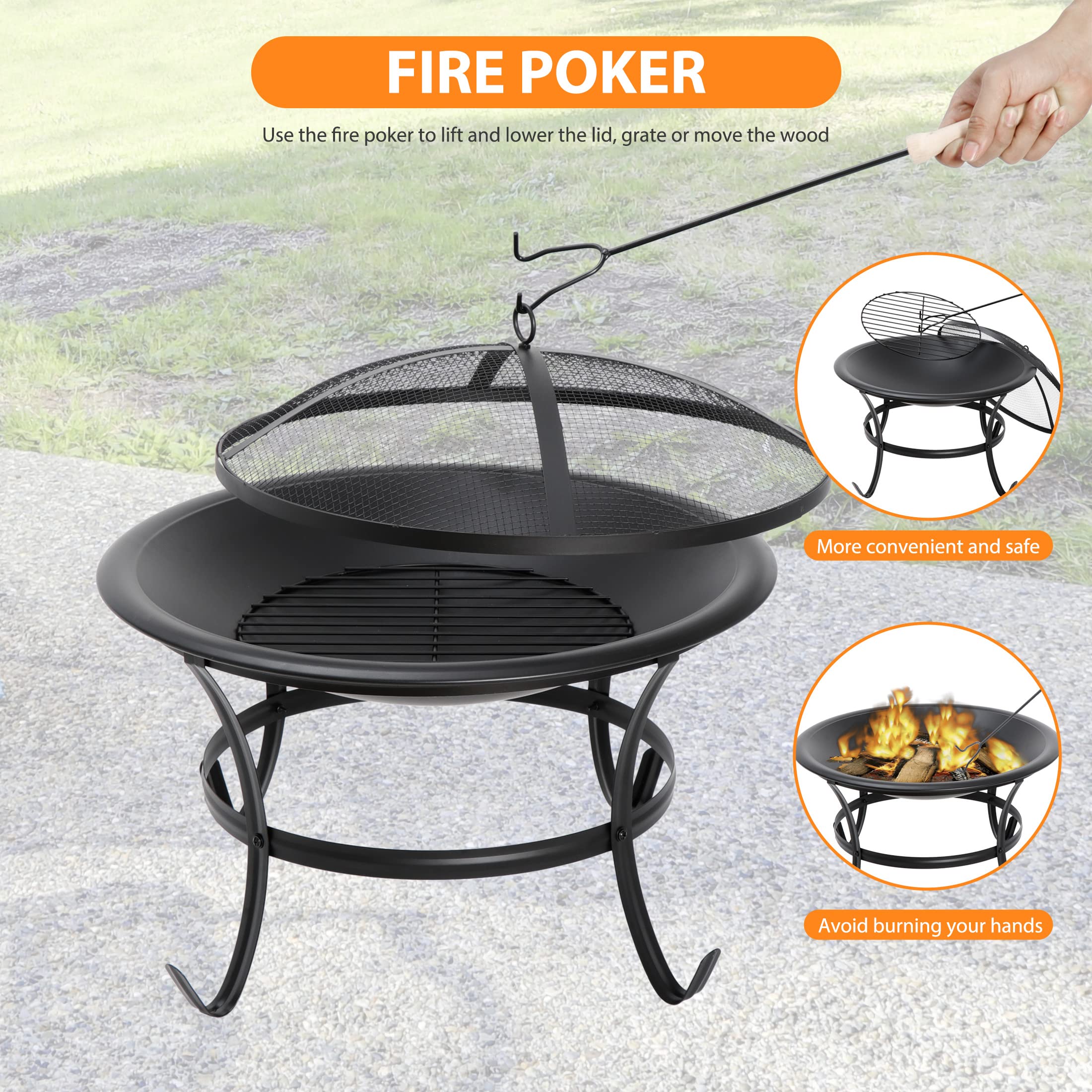 22 Inches Portable Fire Pit Outdoor Wood Burning Steel Lightweight BBQ Grill Firepit Bowl with Log Grate&Poker for Outside Patio Campfire Bonfire Backyard