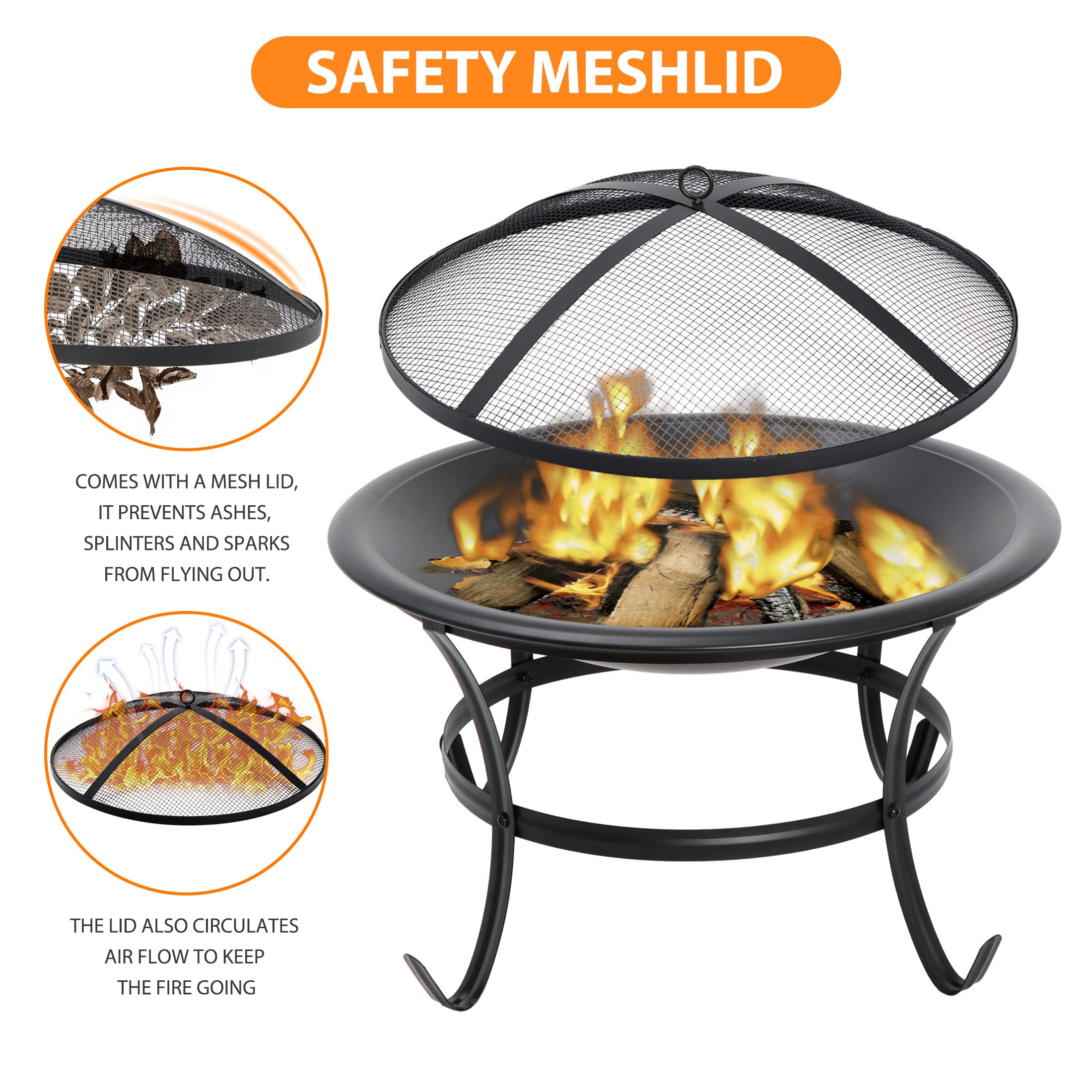 22 Inches Portable Fire Pit Outdoor Wood Burning Steel Lightweight BBQ Grill Firepit Bowl with Log Grate&Poker for Outside Patio Campfire Bonfire Backyard