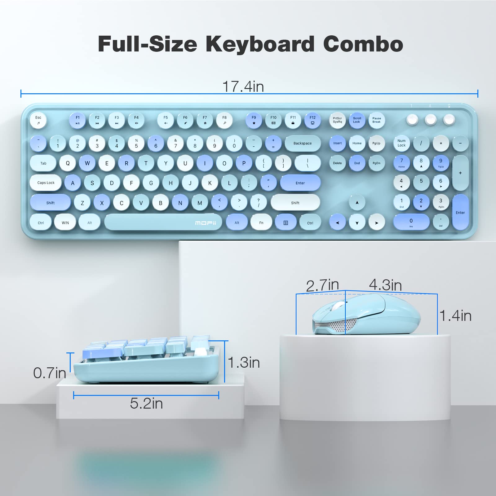 MOFII Wireless Keyboard and Mouse Combo, Blue Retro Keyboard with Round Keycaps, 2.4GHz Dropout-Free Connection, Cute Wireless Mouse for PC/Laptop/Mac/Windows XP/7/8/10 (Blue-Colorful)