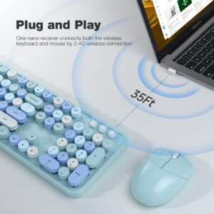 MOFII Wireless Keyboard and Mouse Combo, Blue Retro Keyboard with Round Keycaps, 2.4GHz Dropout-Free Connection, Cute Wireless Mouse for PC/Laptop/Mac/Windows XP/7/8/10 (Blue-Colorful)