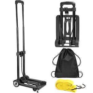 zoenhou 25kg 55lbs black folding hand truck, solid construction utility cart, 2 wheels luggage cart with 1 roll bungee cord and 1 pack storage pouch compact, for backpack, travel, office