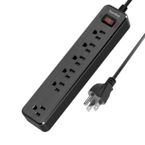 superdanny 6-outlet surge protector power strip, 4.5 ft extension cord, 900 joules, overload switch, standard plug, grounded, integrated circuit breaker, wall mount, for home, office, black