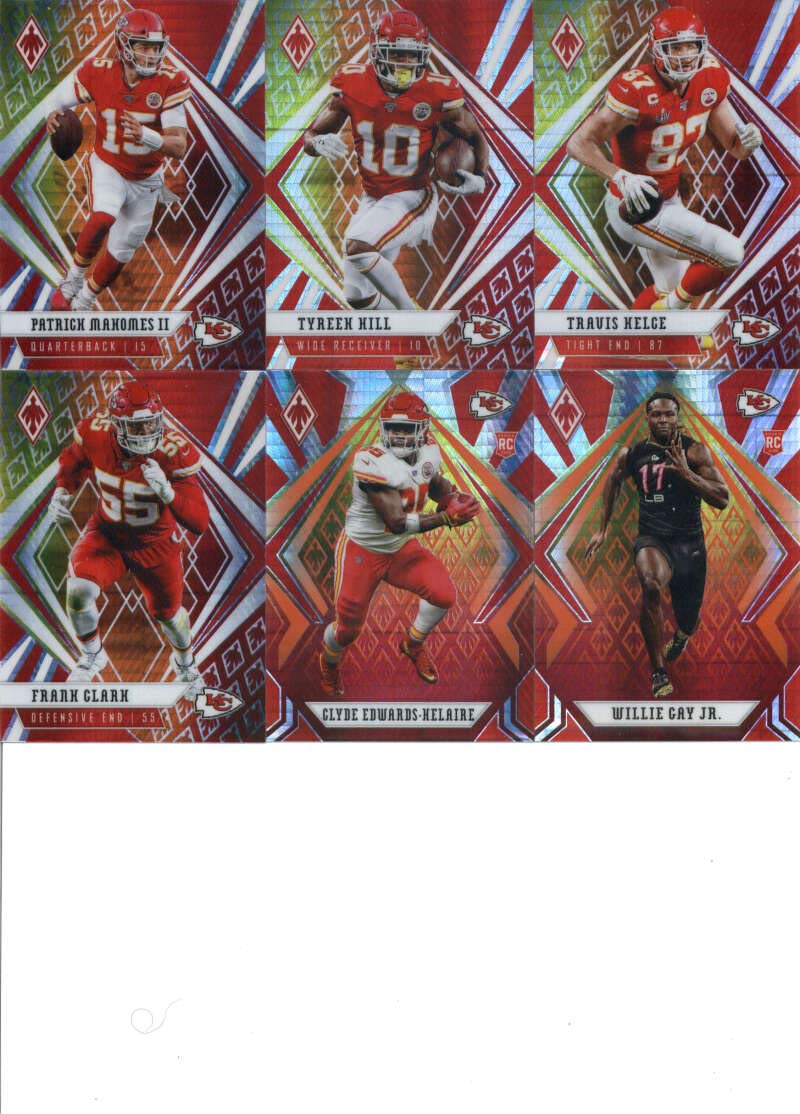 2020 Phoenix Fire Burst Kansas City Chiefs Team Set of 6 Cards: Patrick Mahomes II(#45), Tyreek Hill(#46), Travis Kelce(#47), Frank Clark(#48), Clyde Edwards-Helaire(#121), Willie Gay Jr.(#170)