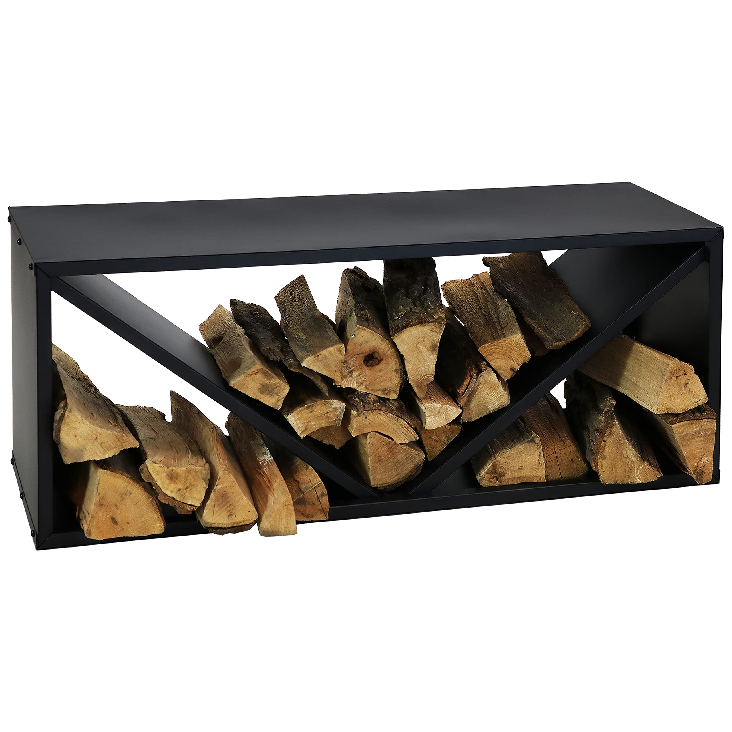 Sunnydaze Triple Triangle Black Powder-Coated Steel Log Rack - Outdoor and Indoor Firewood Storage - 41-Inch