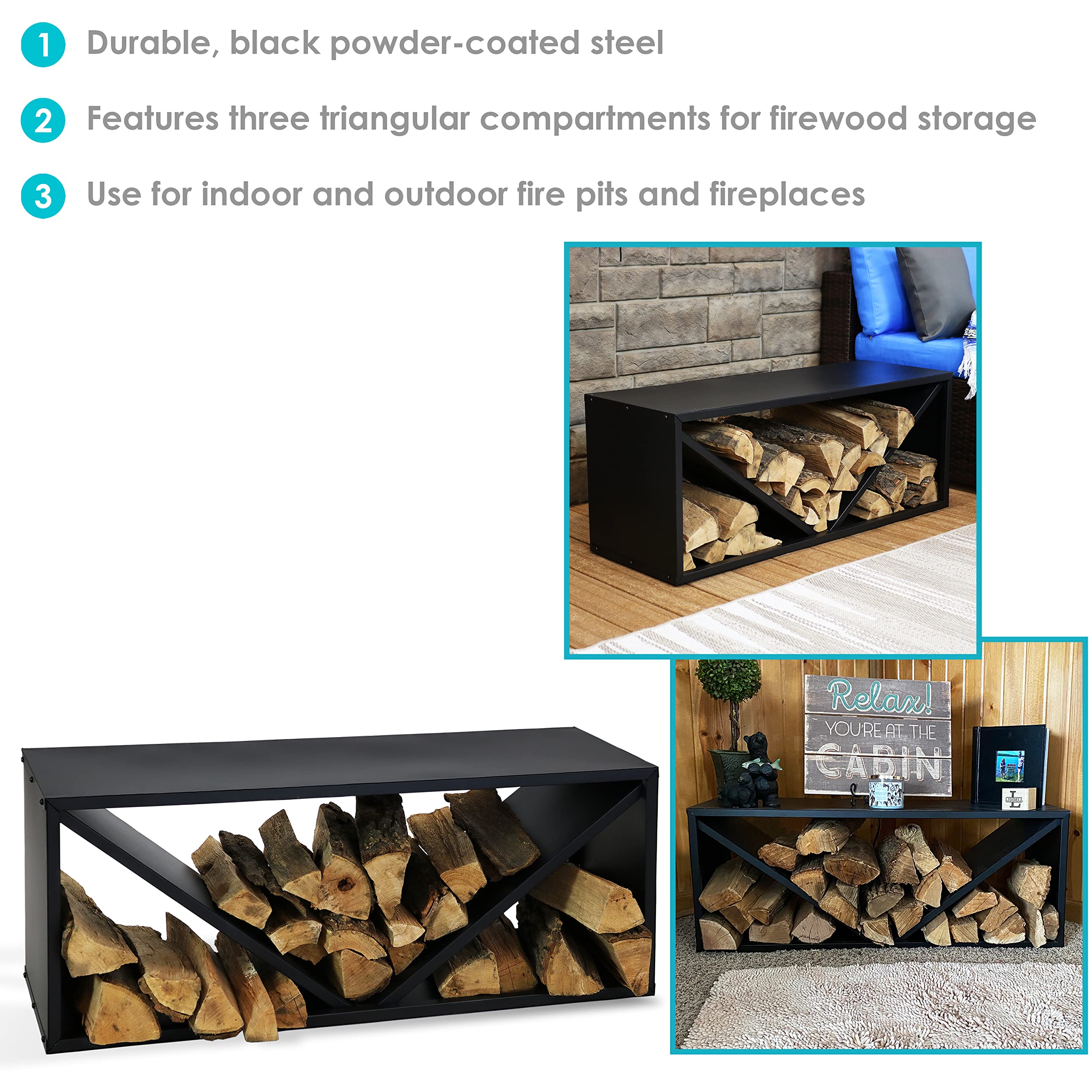 Sunnydaze Triple Triangle Black Powder-Coated Steel Log Rack - Outdoor and Indoor Firewood Storage - 41-Inch