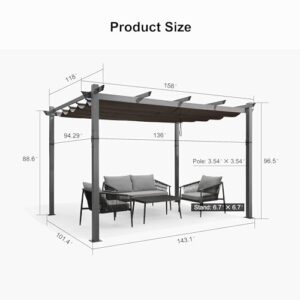 PURPLE LEAF 10' x 13' Outdoor Retractable Pergola with Sun Shade Canopy Patio Metal Shelter for Garden Porch Beach Pavilion Wood Grain Frame Gazebo Modern Yard Grill Pergola, Grey