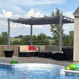 purple leaf 10' x 13' outdoor retractable pergola with sun shade canopy patio metal shelter for garden porch beach pavilion wood grain frame gazebo modern yard grill pergola, grey