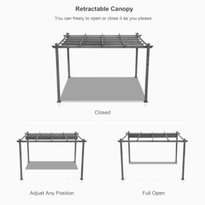 PURPLE LEAF 10' x 13' Outdoor Retractable Pergola with Sun Shade Canopy Patio Metal Shelter for Garden Porch Beach Pavilion Wood Grain Frame Gazebo Modern Yard Grill Pergola, Grey