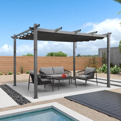 PURPLE LEAF 10' x 13' Outdoor Retractable Pergola with Sun Shade Canopy Patio Metal Shelter for Garden Porch Beach Pavilion Wood Grain Frame Gazebo Modern Yard Grill Pergola, Grey