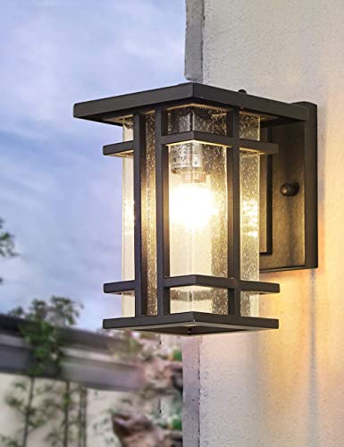 Retro Outdoor Wall Light Small Outside Wall Lamp with Clear Seeded Glass Shade 10"H Exterior Light Fixtures Wall Mount IP65 Waterproof Outdoor Porch House Lighting Exterior Wall Lantern E26,Black