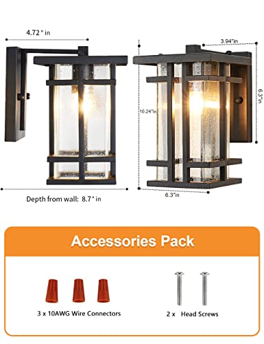 Retro Outdoor Wall Light Small Outside Wall Lamp with Clear Seeded Glass Shade 10"H Exterior Light Fixtures Wall Mount IP65 Waterproof Outdoor Porch House Lighting Exterior Wall Lantern E26,Black