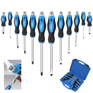 sunplux 12-piece magnetic screwdriver set, heavy duty screwdriver set go-thru steel blades, high torque 6 phillips & 6 flat head tips screwdrivers set with case