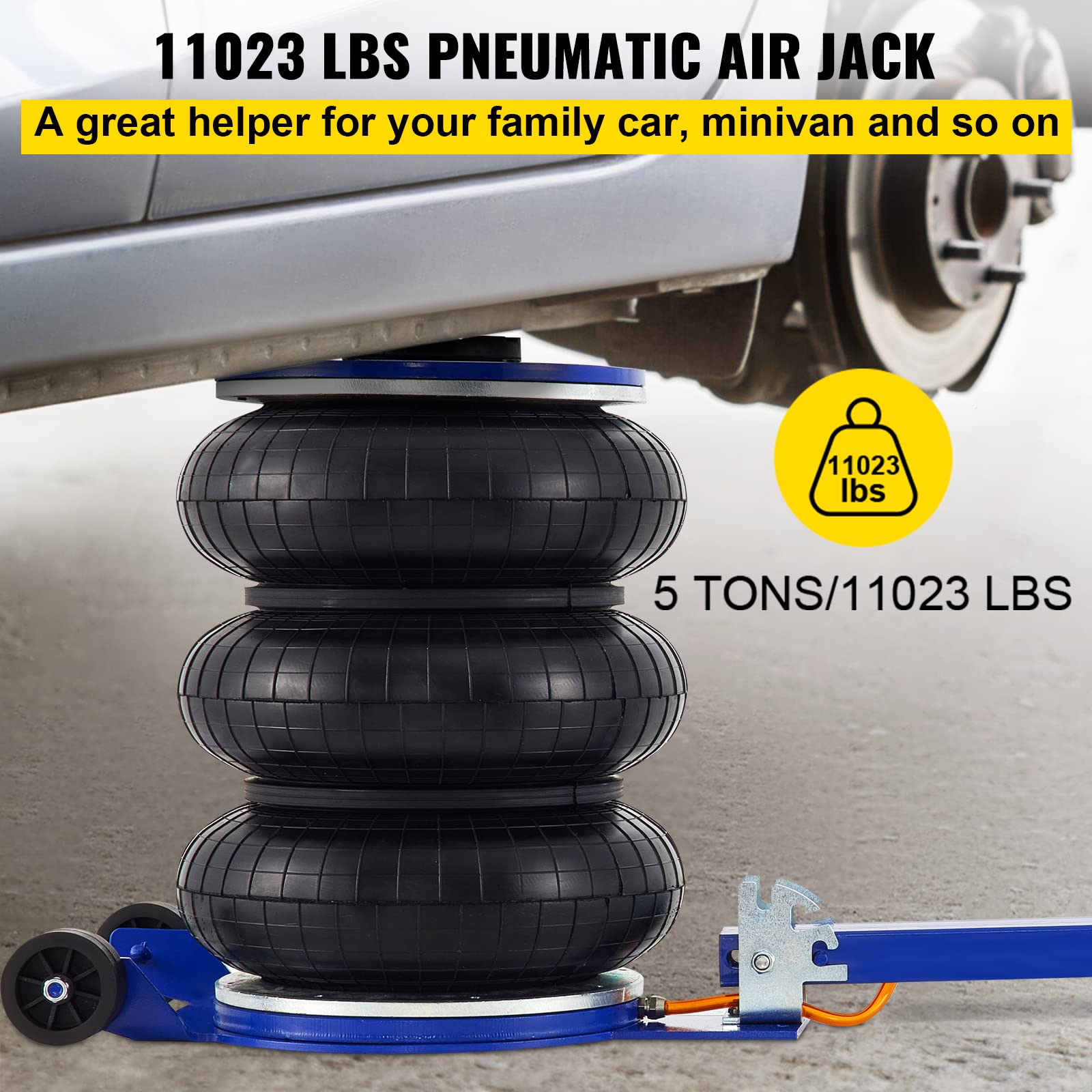 VEVOR Air Jack, 5 Ton/11000 lbs Triple Bag Air Jack, Lift Up to 15.75 Inch, 3-5S Fast Lifting Air Bag Jack for Cars with Adjustable Long Handle (Blue)