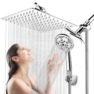 shower head, 8” high pressure rain/rainfall shower head with handheld spray combo 10 settings adjustable anti-leak dual shower head kit with 60” stainless steel hose, 11” extension shower arm,chrome