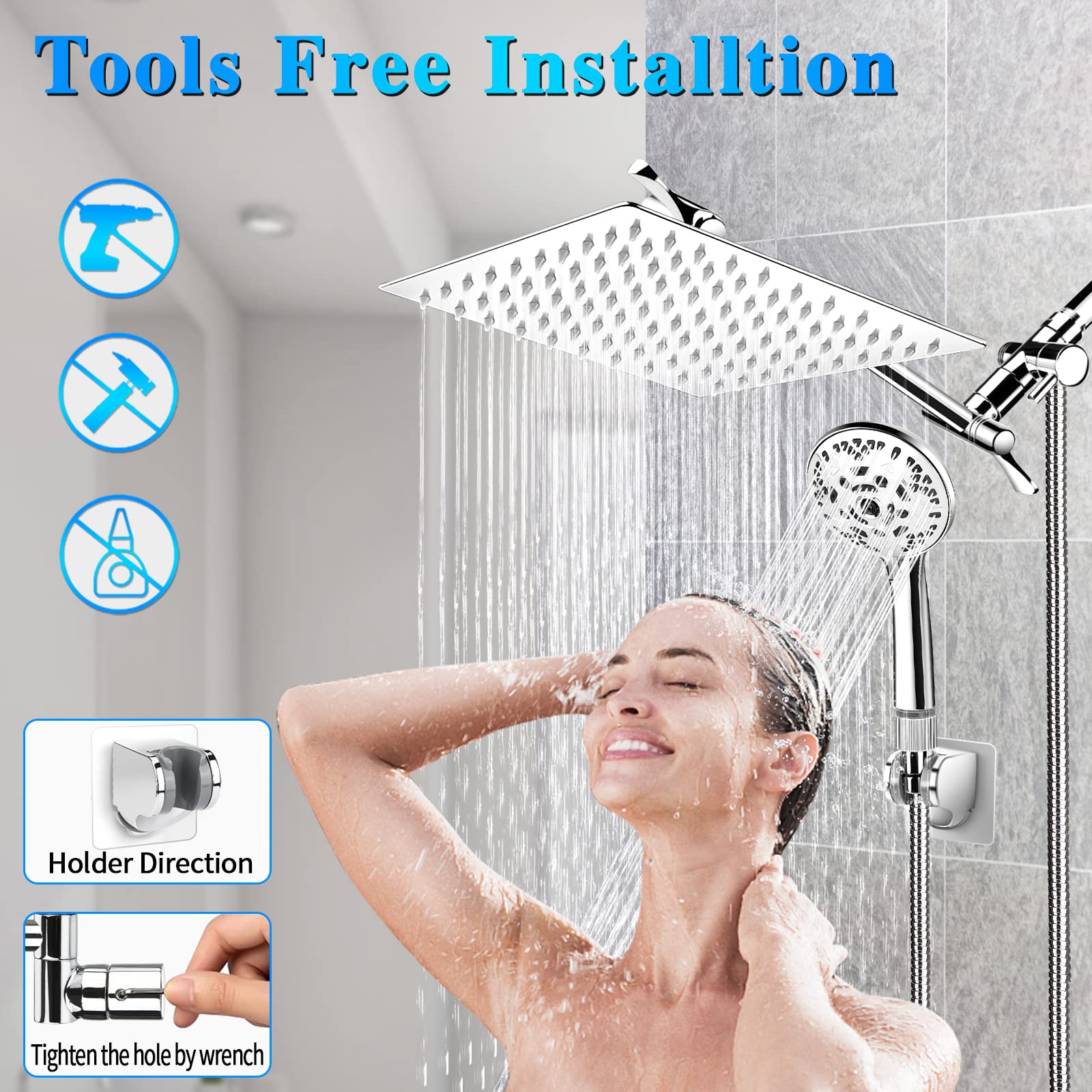 Shower Head, 8” High Pressure Rain/Rainfall Shower Head with Handheld Spray Combo 10 Settings Adjustable Anti-leak Dual Shower Head Kit with 60” Stainless Steel Hose, 11” Extension Shower Arm,Chrome