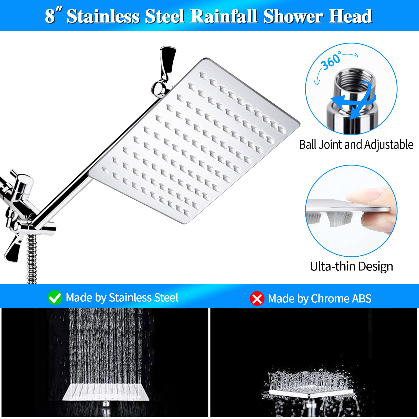 Shower Head, 8” High Pressure Rain/Rainfall Shower Head with Handheld Spray Combo 10 Settings Adjustable Anti-leak Dual Shower Head Kit with 60” Stainless Steel Hose, 11” Extension Shower Arm,Chrome