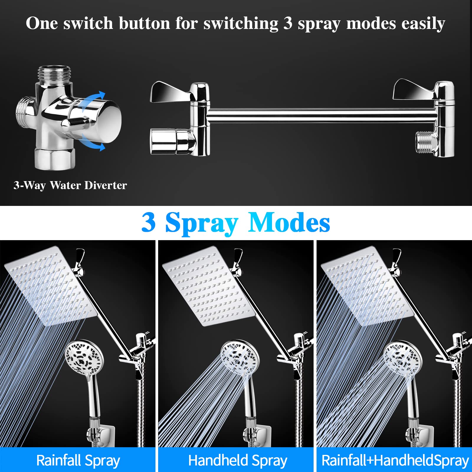 Shower Head, 8” High Pressure Rain/Rainfall Shower Head with Handheld Spray Combo 10 Settings Adjustable Anti-leak Dual Shower Head Kit with 60” Stainless Steel Hose, 11” Extension Shower Arm,Chrome