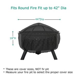 SunPatio Fire Pit Cover Round 44 inch, Heavy Duty Waterproof Fire Bowl Cover, Outdoor Patio Furniture Side Table Cover with Adjustable Drawstring and Handles, UV & Rip & Fade Resistant, Black