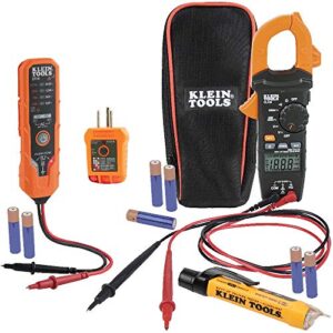 klein tools cl120vp electrical voltage test kit with clamp meter, three testers, test leads, pouch and batteries