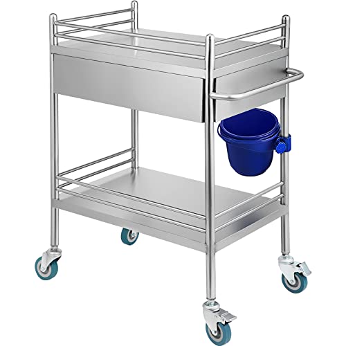 VEVOR Lab Serving Cart Utility Cart Stainless Steel Medical Cart with Two Drawers for lab Equipment Use Grade I Stainless Steel Utility Services (2 Shelves/ 2 Drawer)