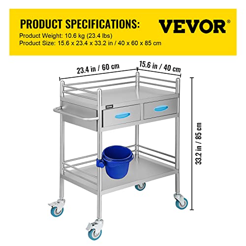 VEVOR Lab Serving Cart Utility Cart Stainless Steel Medical Cart with Two Drawers for lab Equipment Use Grade I Stainless Steel Utility Services (2 Shelves/ 2 Drawer)